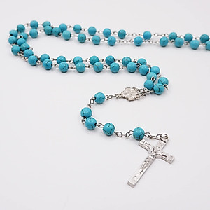 TumiLuben 8mm Turquoise Necklace Rosary Beads Catholic for Woman, Car Rosary for Rearview Mirror with Crucifix and Cross medal with Jerusalem in Gift Box (Carved Rose Metal Box)