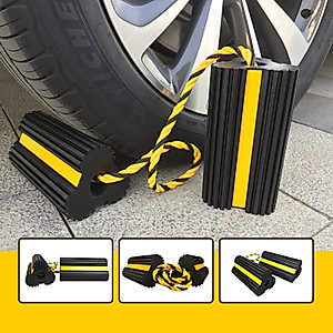 HOXWELL Heavy Duty Rubber Dual Wheel Chocks, RV Non Slip Wheel Stoppers with Nylon Rope Yellow Reflective Tape, Wheel Block for Travel Trailers, Aircraft, Car, Camper, Truck 1 Pair