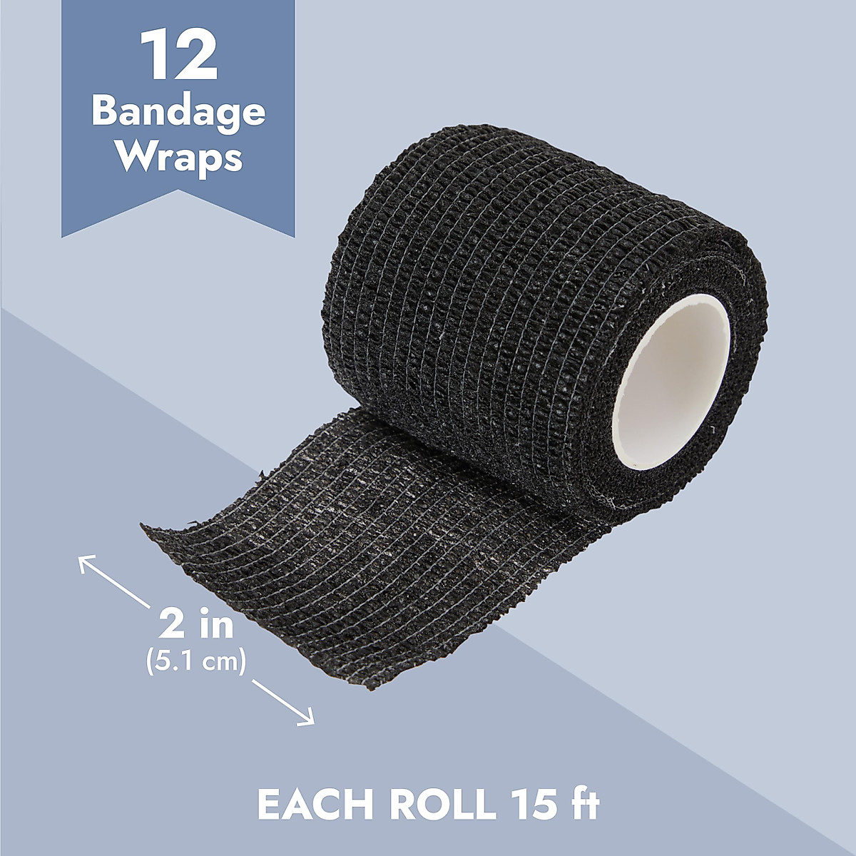 Juvale 12-Rolls Self Adhesive Bandage Wrap, Vet Tape - 2 in x 5 Yds Breathable, Elastic Cohesive Wrap Tape for Wrist, Swelling, Sports, Tattoo (Black)
