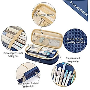 Eaarliyam Pencil Case,Expandable Pencil Case, Large Capacity Pencil Cases Pen Bag Pouch Holder School Stationery Organizer Makeup Cosmetic Bag,Navy+Beige Aesthetic Pencil Case