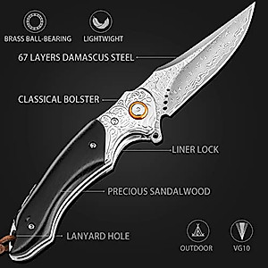 LOTHAR Damascus Pocket Knife for Men, 7.78" VG10 Folding Knife with Retro Leather Sheath,Sandalwood Handle, Classical Bolster, Lanyard Hole, EDC Knife Anniversaries, Christmas, elegant gifts for Men (Black)