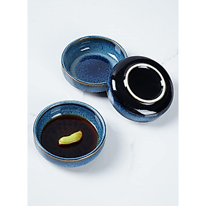 Tacuhy 3 Oz Ceramic Soy Sauce Dish Small Pinch Seasoning Sushi Dip Bowl 3.5 Inch Mini Side Dishes Tomato Sauce Cups Condiment Dipping Bowls, Set of 4, Blue