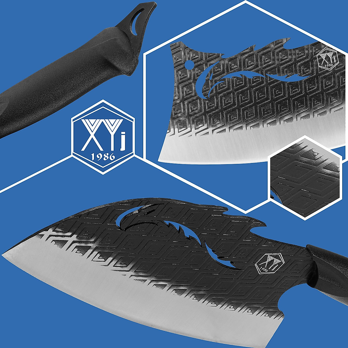 XYJ Authentic Since 1986,Vegetable Santoku Knives Set,Meat Butcher Knife With Holster,Roll Bag,Whetstone,Honing Steel,Kitchen Chef Knife,Camping Slice Knives,Full Tang,High Carbon Steel (Black)