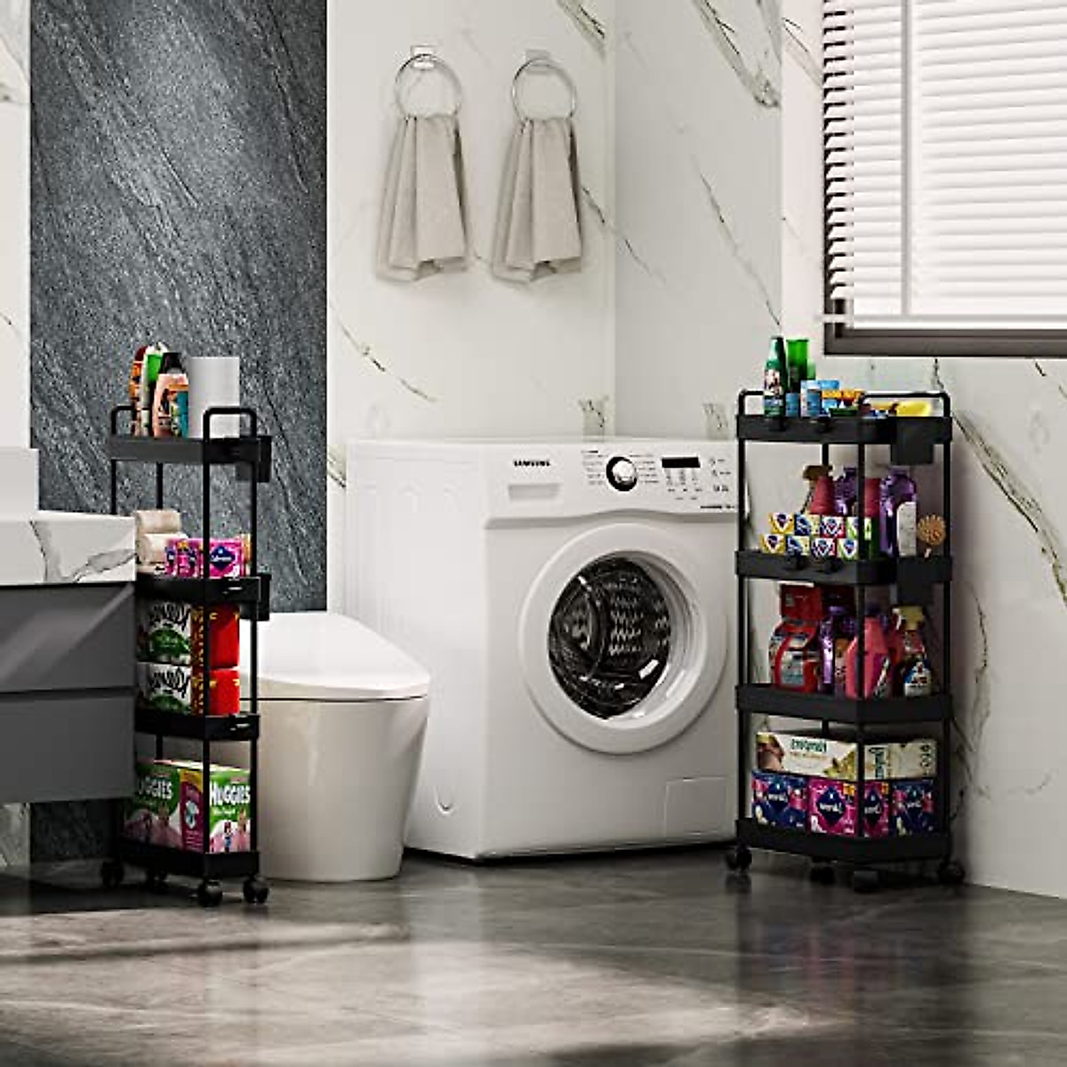 2 Pack 4 Tier Slim Storage Cart, Bathroom Organizer Storage Laundry Room Organization Rolling Utility Cart with Wheels, Mobile Shelving Unit Slide Out Standing Rack for Bathroom, Kitchen, Laundry