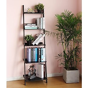 HYNAWIN Ladder Shelf 5 Tier Bookcase, Multipurpose Plant Flower Stand Bookshelf Storage Rack Shelves, Wood Look Accent Bamboo Frame Modern Furniture Home Office (Black)