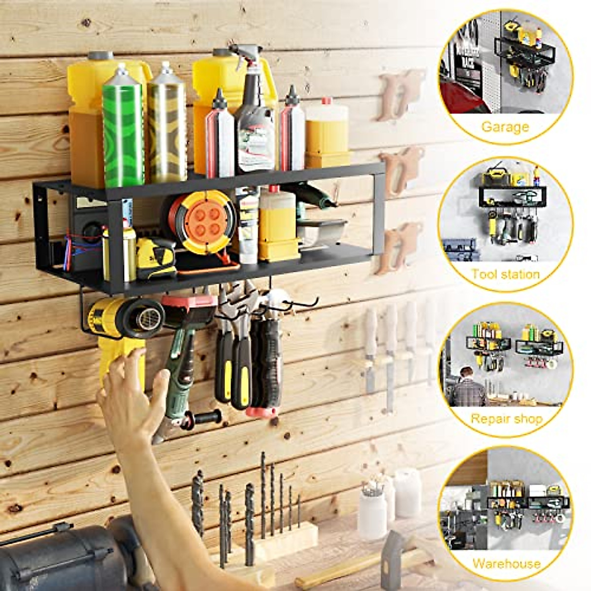 SRIWATANA Power Tool Organizer Wall Mounted, 2-Tier Heavy Duty Metal Storage Rack for Handheld and Power Tools, Utility Holder, Cordless Drill Storage, Black