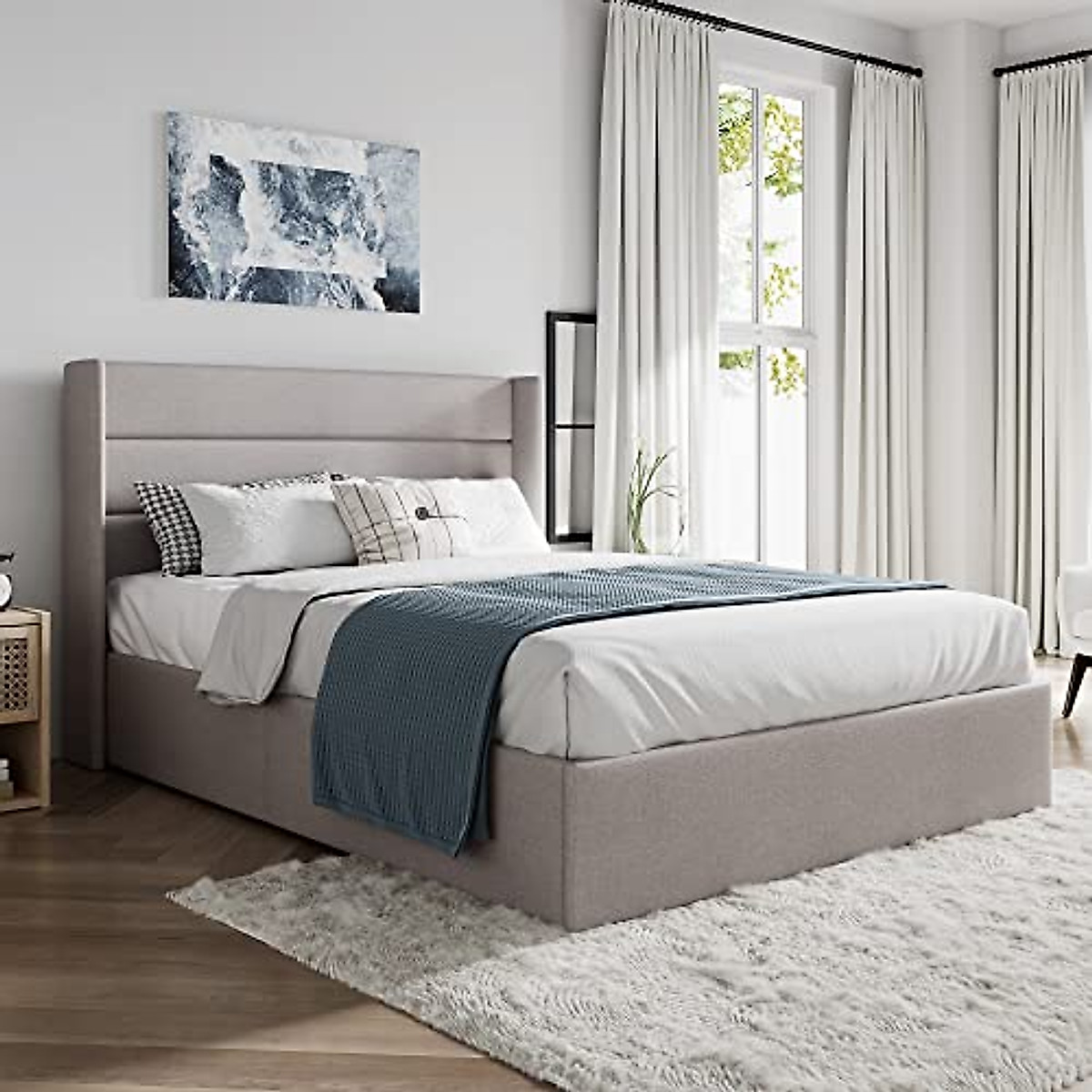 SHA CERLIN Queen Size Lift Up Storage Bed/Modern Wingback Headboard/Upholstered Platform Bed Frame/Hydraulic Storage/No Box Spring Needed/Wood Slats Support/Light Beige