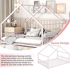 ODUWA Full Size House Bed for Kids,Metal House Platform Bed with Guardrail,Montessori Floor Bed Frame with Roof,Full Bed Frames for Kids,Toddlers,Girls,Boys