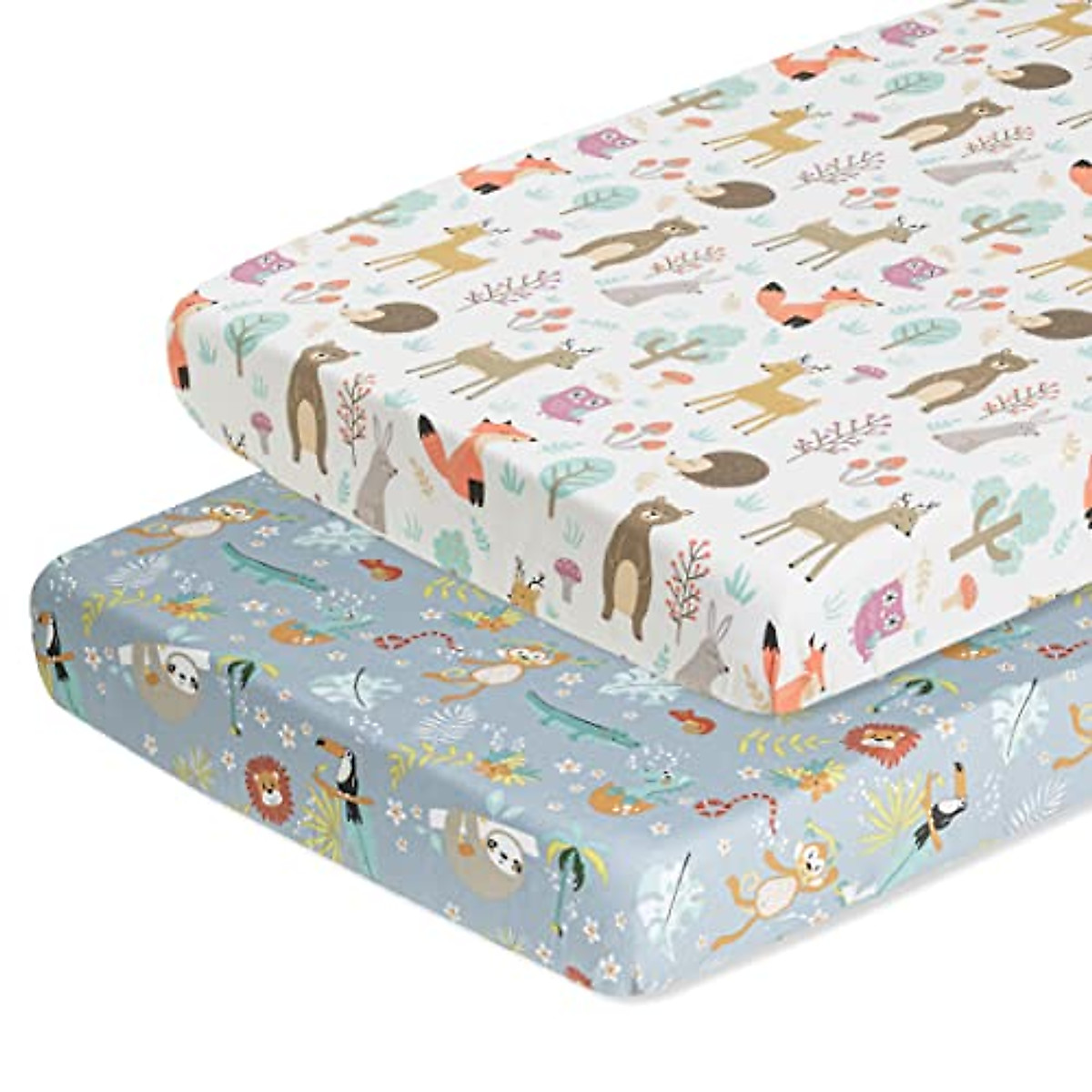 HOPPO Baby&Kids Pack n Play Fitted Pack n Play Playard Sheets Set-2 Pack Portable Mini Crib Sheets, Playard Mattress Cover Soft Cotton, Jungle, Forest & Animals