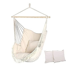 Large Hammock Chair Swing, Adults Hanging Swing Rope Hammock for Outside Indoor Bedroom - 2 Cotton Cushions Included - Large Swing Chair for White Hammock Swing Chair Hammock Swing Chair
