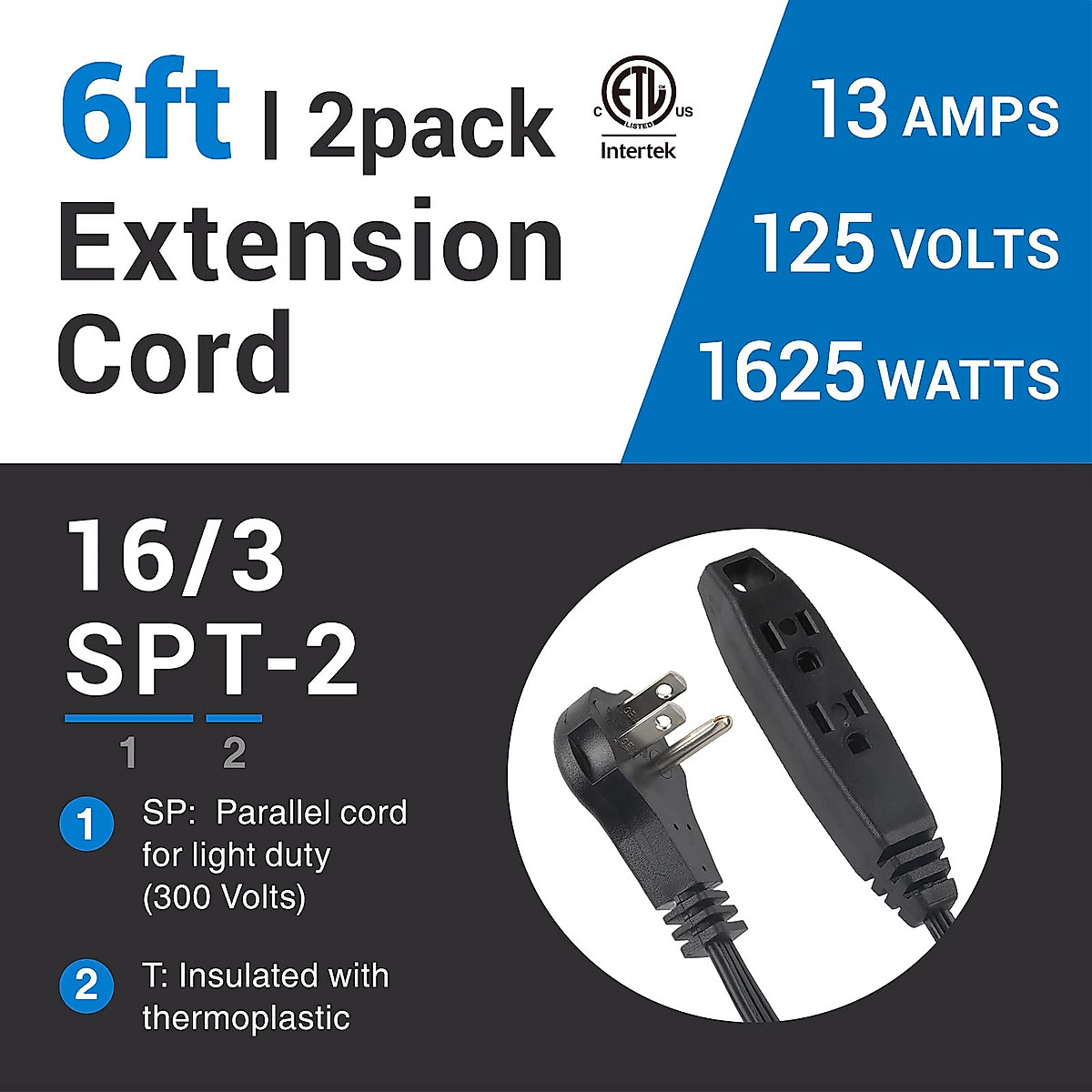Clear Power 2-Pack 6 ft Indoor Extension Cord 3 Grounded Outlets 16/3 SPT-2, 3 Prong Low-Profile Flat Plug, Black, DCIC-00472P-DC