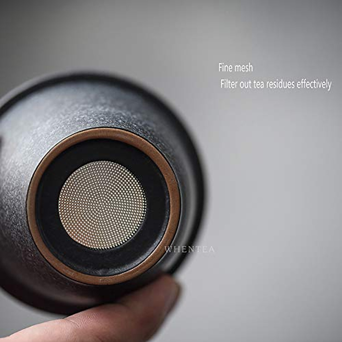 WENSHUO Sandalwood handle Tea Mug, Chinese Ceramic Tea Cup, with Infuser and Lid, 13 oz, Matte Grey