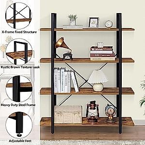 Iwell 4-Tier Bookshelf, Tall Bookcase with Metal Frame, Book Shelf, Open Display Shelves for Living Room, Bedroom, Home Office, Rustic Brown