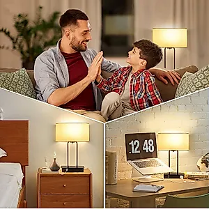 3-Way Dimmable Touch Control Table Lamp with 2 USB Ports and AC Power Outlet Modern Bedside Nightstand Lamp Fabric Shade and Metal Base for Guestroom Bedroom Living Room Hotel LED Bulb Included White