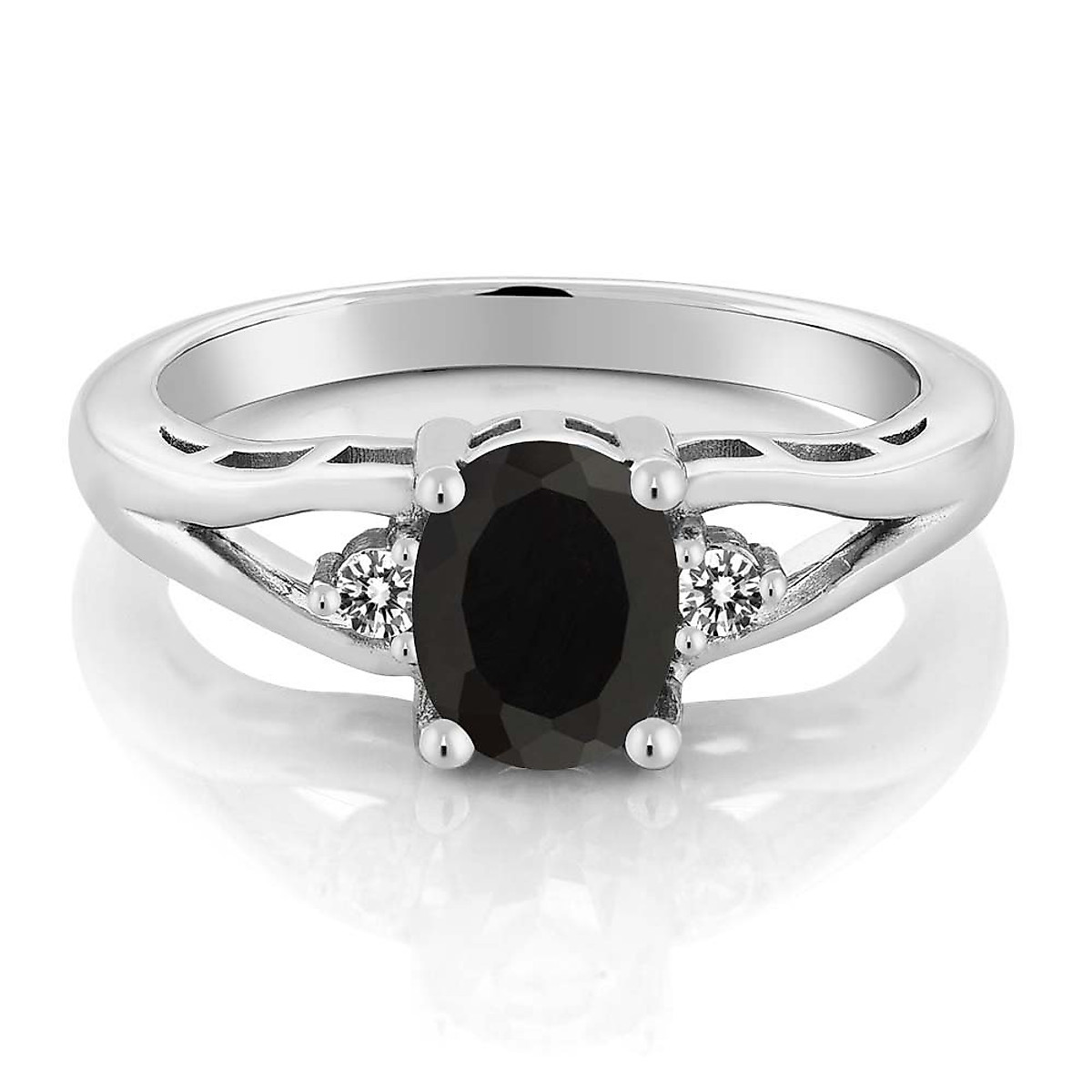 Gem Stone King 925 Sterling Silver Black Onyx and White Diamond 3 Stone Engagement Ring For Women | 1.32 Cttw | Oval 8X6MM | Round 2MM | Gemstone December Birthstone | Size 7