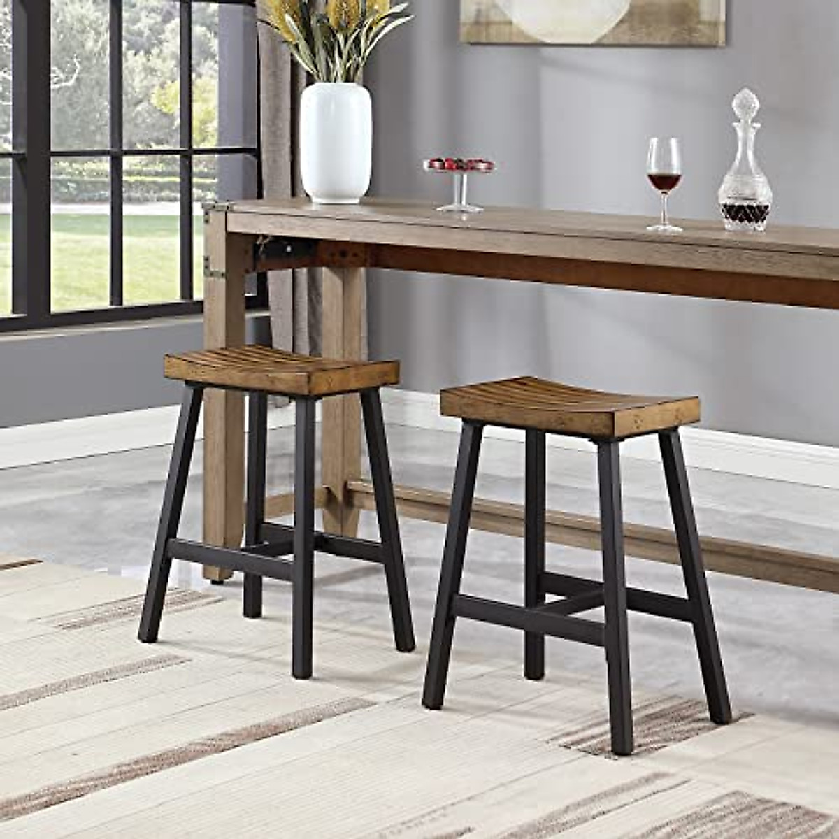 OUllUO Black Bar Stools, Counter Height Bar Stools, Set of 2, Brown Solid Wood Saddle Stools with Metal Legs, 24 Inch Kitchen Counter Stools, Stools for Dining Room Kitchen Island, Pub,Bar,521P-BBWD