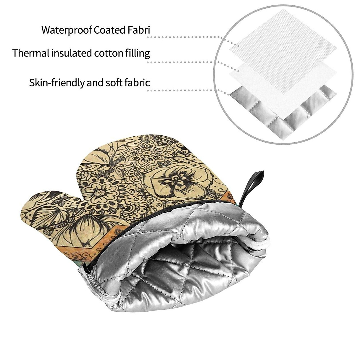 KLATIE Boho Oven Mitts and Pot Holders Sets of 4, Heat Resistant Hot Pad, Bohemian Style BBQ Gloves for Kitchen, Cooking, Baking, Grilling