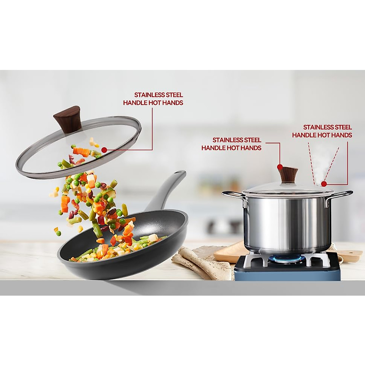 LC LICTOP 8" Tempered Glass Lid 304 Stainless Steel Rim Cookware Cover Replacement for 8-Inch Pan Pot (Heat Resistant Bakelite Knob)