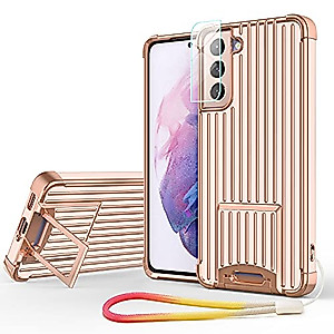 PTUONIU Kickstand Case for Samsung Galaxy S21 5G, [Two-Way Stand] [Reinforced Drop Protection] [Anti-Scratch] Slim Shockproof Stand Case with Camera Protector+Silicone Strap for Samsung S21- Gold