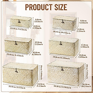 Kigley 6 Pcs Seagrass Basket with Lid Wicker Storage Decorative Boxes with Lids Bin Woven Organizer for Shelf Closet Bedroom, 6 Sizes(Classic Style,White)