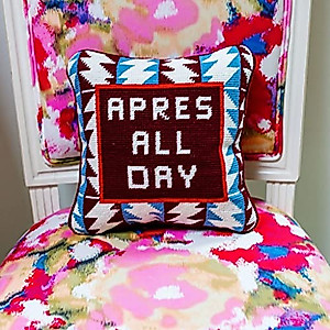 FURBISH Handmade Needlepoint Decorative Throw Pillow - Apres All Day - 10" x 10" - Small Embroidered Accent Pillow for Bed, Chair, Couch, Sofa - Aesthetic Apres Ski House Decor