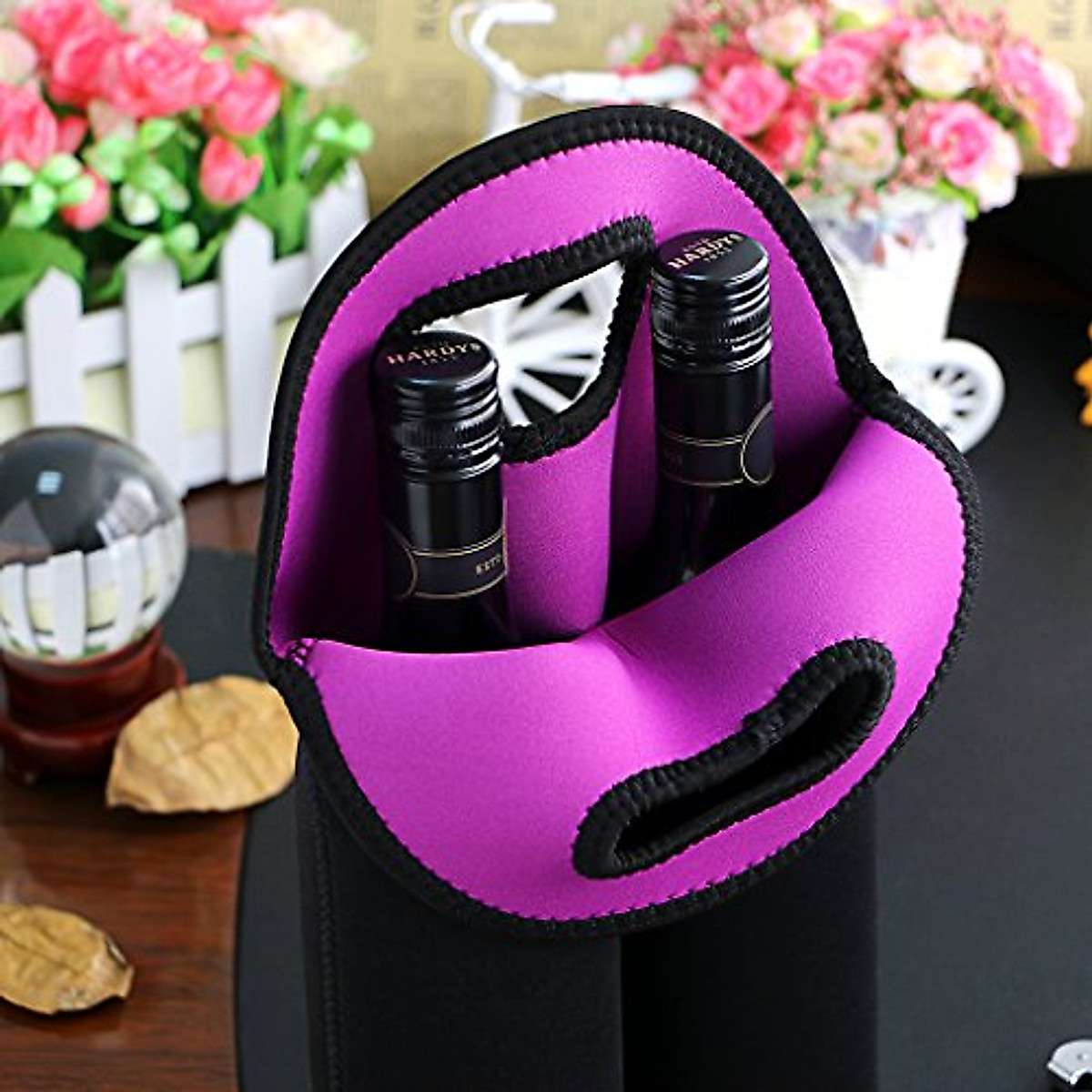 Hipiwe Wine Carrier Tote Bag Two Bottle Insulated Neoprene Wine/Water Bottle Holder for Travel with Secure Carry Handle (Blake+ Purple)