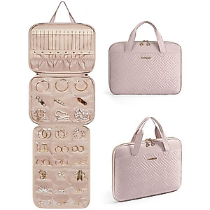 BAGSMART Travel Jewelry Organizer Case,Hanging Roll Jewelry Bag for Travel with Pockets,Large Capacity Jewelry Roll Bag for Rings,Necklaces,Earrings,Bracelets,Bracelets,Portable Travel Essentials,Pink