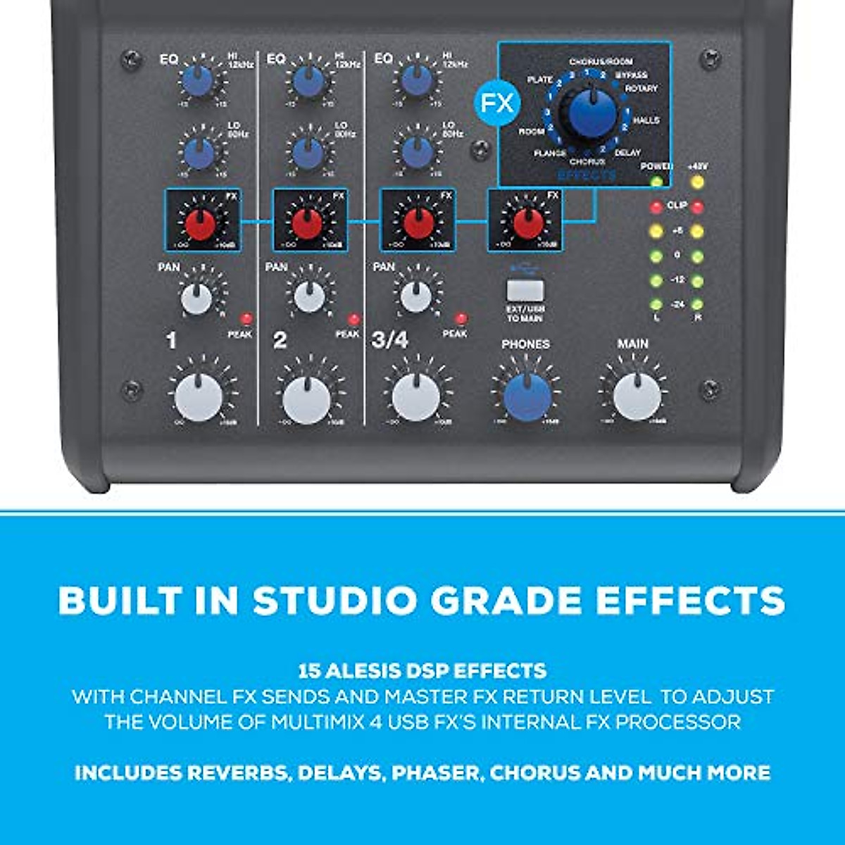 Alesis MultiMix 4 USB FX | 4 Channel Compact Studio Mixer with Built In Effects & USB Audio Interface for Home Studio Recording