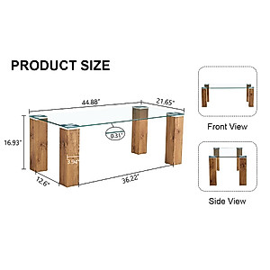 CIATRE Glass Coffee Table, Modern Tempered Clear Coffee Tables with Solid Wood Legs Decor for Living Room, Modern Small Glass Living Room Tables，44.9"*21.7"*16.9"