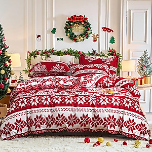 Christmas Duvet Cover Set Queen Size, Red and White Snowflake Xmas Holiday Pattern Design, Soft Microfiber Duvet Cover with Zipper Closure, Includes 1 Duvet Cover and 2 Pillow Shams