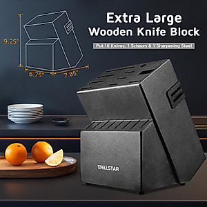 18-Slot Kitchen Knives Block, WELLSTAR Large Capacity Natural Wooden Knife Holder without Knives – Modern Hard Wood Counter-top Knife Storage with Built-in 2-Stage Knife Sharpener - Black
