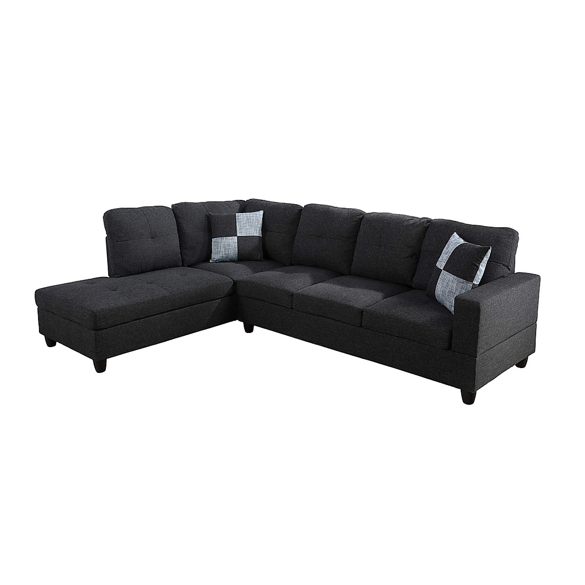 AYCP Fine Furniture Sectional Sofa Couch,L-Shaped Modern Style w/Storage Ottoman 3-Piece for Living Room|Linen Upholstery|(2) Toss Pillows(Left Hand Facing, Black)