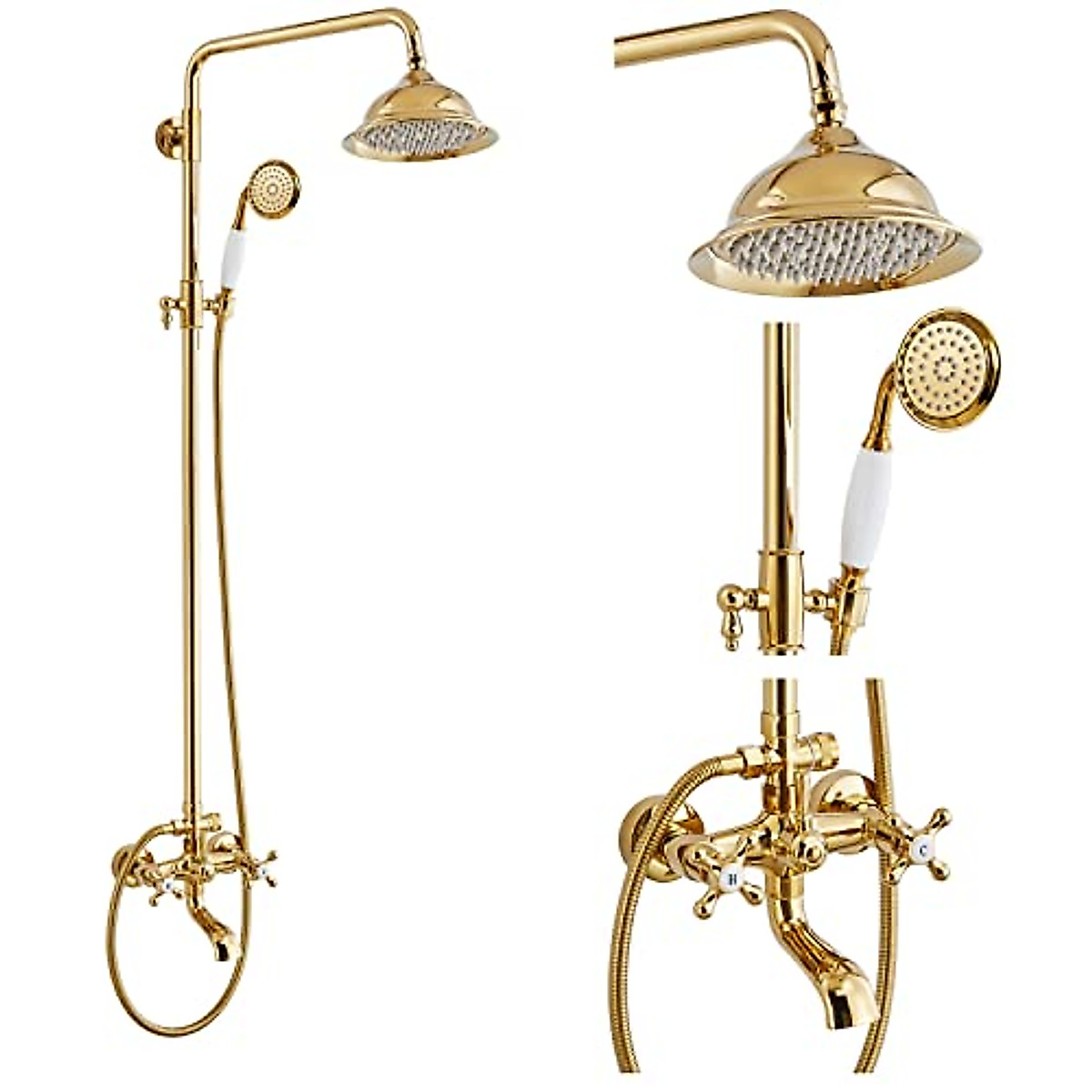 gotonovo Wall Mount Polish Gold 3 Functions Brass Exposed Shower System with 8 Inch Shower head Dual Double Cross Handles Adjustable Handheld Spray with Tub Spout Bathroom Shower Faucet Set