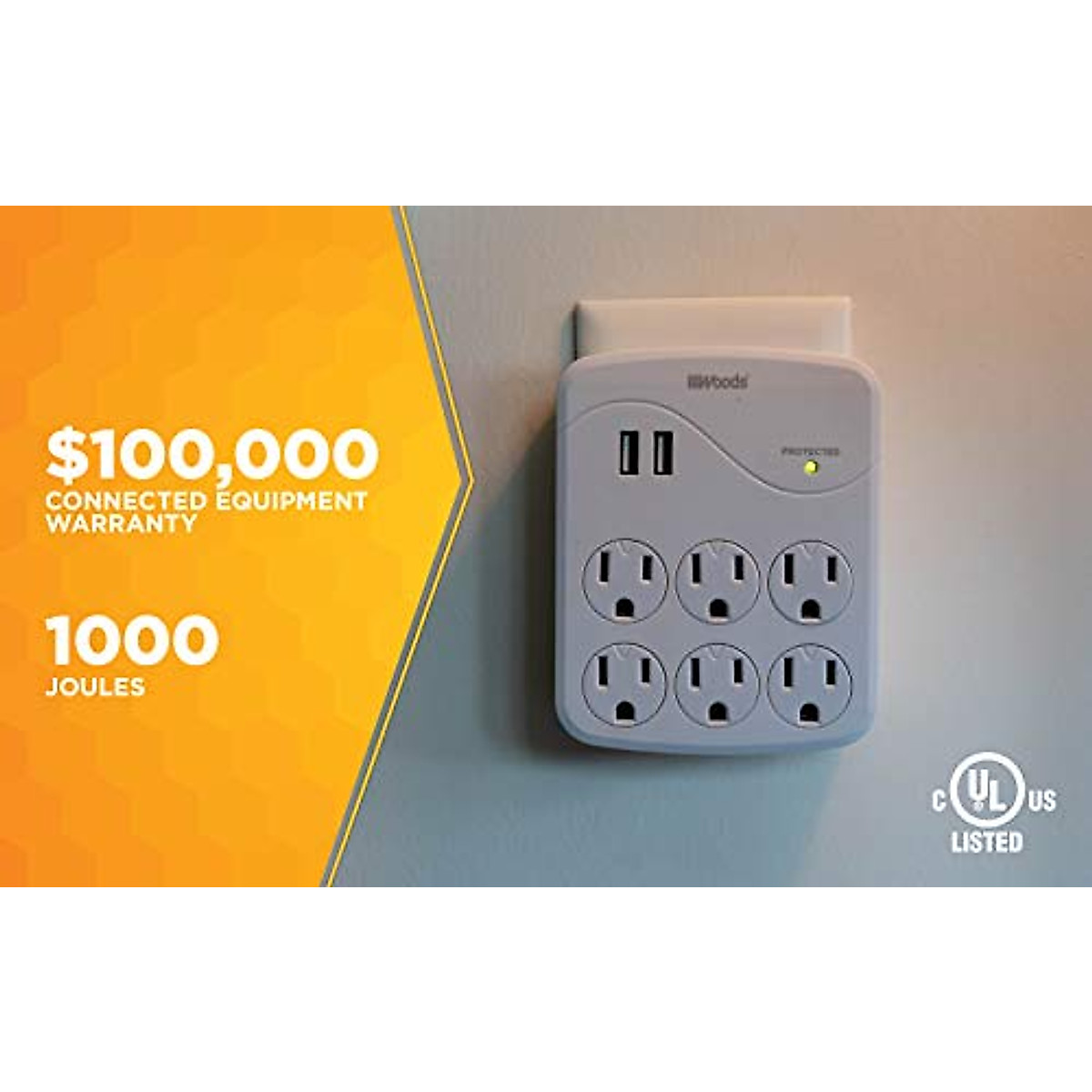 Woods 41079 Surge Protector with 6 Outlets and 2 USB Type A Ports with 1000J of Protection, White