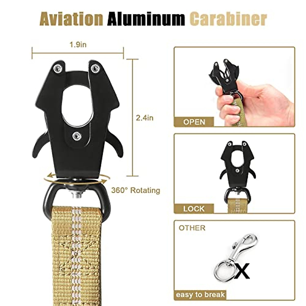 Raipult Heavy Duty Tactical Bungee Dog Leash, 4-6FT No Pull Dog Leash with Quick Release Carabiner, Reflective Shock Absorbing Leashes with Car Seatbelt for Medium Large Dogs,Khaki