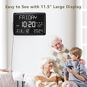 Raynic Digital Clock, 11.5" Large LED Word Display Dimmable Digital Wall Clock,Adjustable Brightness Digital Alarm Clock with Day and Date,Indoor Temperature,Snooze,12/24H,DST for Home, Office,Elderly