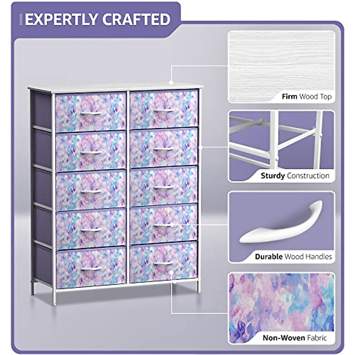 Sorbus Kids Dresser with 10 Drawers - Storage Unit Organizer Chest for Clothes - Bedroom, Kids Room, Nursery, & Closet - Steel Frame, Wood Top & Handles, and Easy Pull Fabric Bins