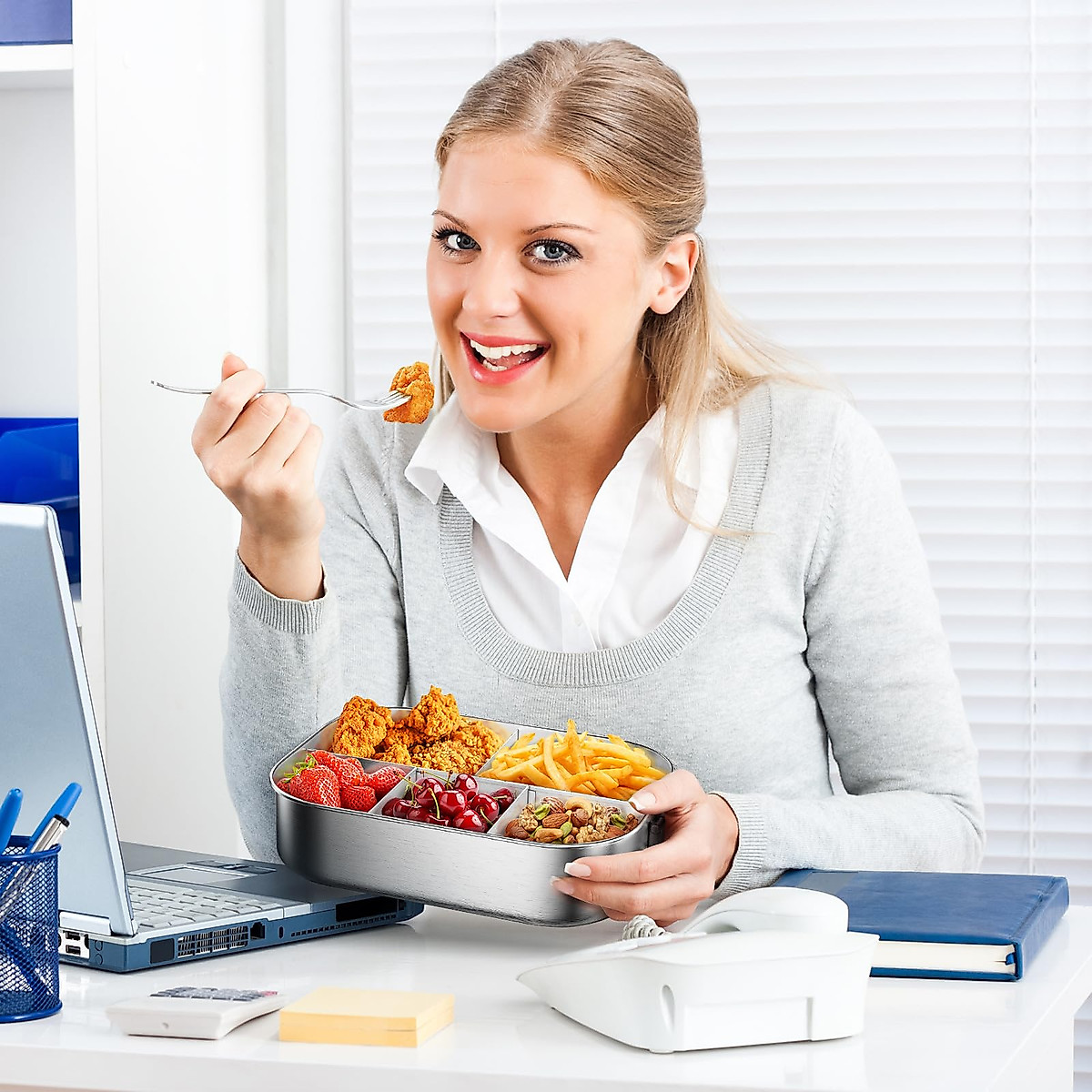 NUTUNI 47oz/1400ML Stainless Steel Lunch Box, 5 Compartments Bentobox for Kids or Adults, Metal Bento Box with Lockable Clips, Leakproof Food Storage Container for Work Lunch