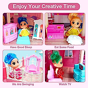 Doll House Dream House for Girls - DIY 3 Story 6 Rooms Pink Dollhouse with 6 Dolls Toy Figures, Pet Dog, Furniture, Pretend Play House with Accessories, Ideal Birthday Toy for Girls