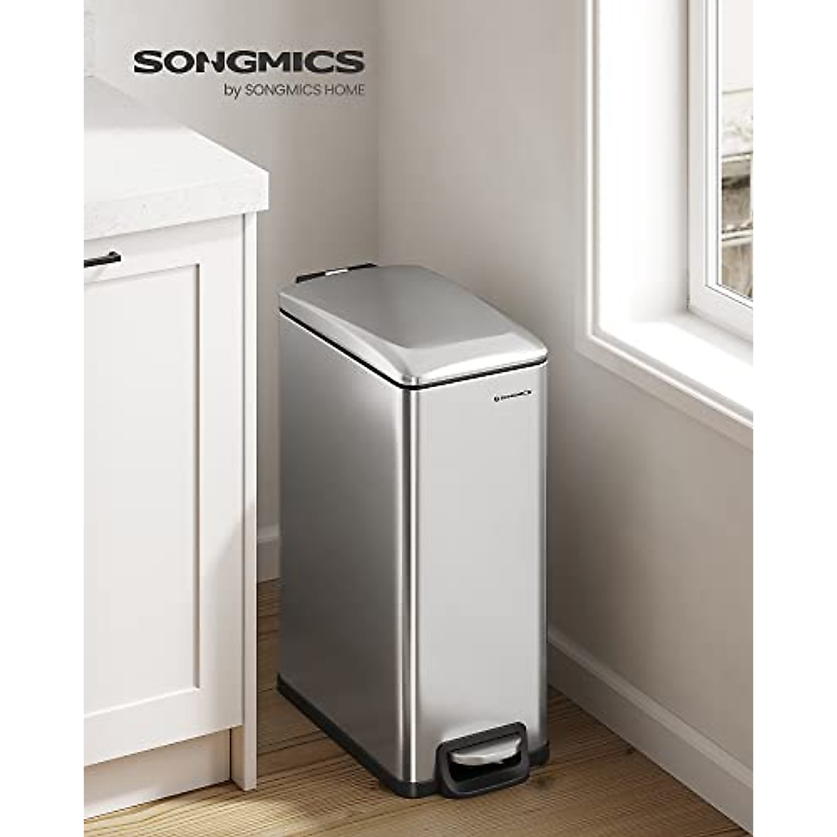 SONGMICS Slim Trash Can, 12.7 Gallon Garbage Can for Narrow Spaces with Soft-Close Lid, Inner Bucket, and Step-on Pedal, Stainless Steel, 15 Trash Bags Included, Silver ULTB510E48
