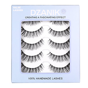 DZANIK False Eyelashes Natural Look Wispy Lashes 8-14mm D Curl 3D Natural Eyelashes Pack, Soft Natural False Eyelashes,Faux Mink Strip Lashes - 5 Pairs