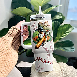 99WHALE Baseball Hustle Hit, Simple Life Women Tumblers White Handle Modern Insulated Swig Cup Red Boys Men For, Baseball Gifts, Tumbler 40 Oz With Handle Lid And Straw