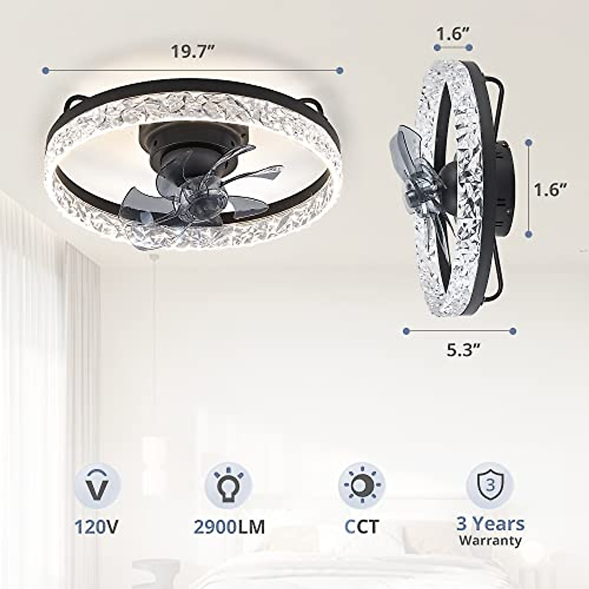 LEDIARY 20 Inch Modern Ceiling Fans with Lights and Remote, Oscillating Low Profile Ceiling Fan, Flush Mount Bladeless LED Ceiling Fan, Dimmable, Stepless Color Changeable, 6 Wind Speeds - Black