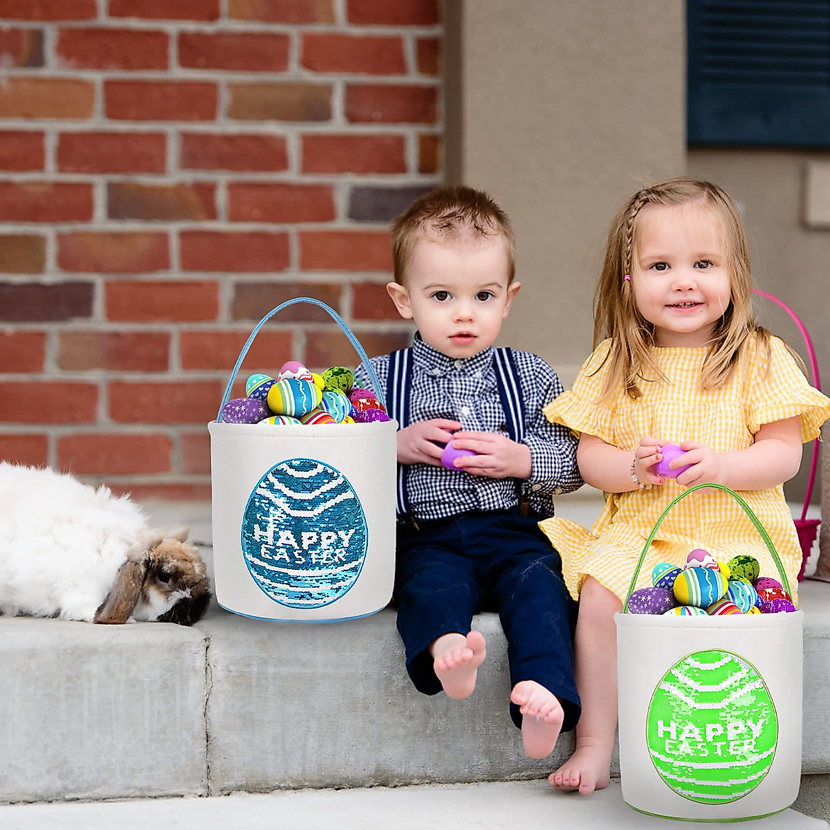 Easter Baskets for Kids, Easter Eggs Hunt Basket, Personalized Basket Canvas Cotton Carrying Gift and Eggs Hunt Bag, Easter Gift Basket for Boys Girls, Candy Buckets, 3 Packs