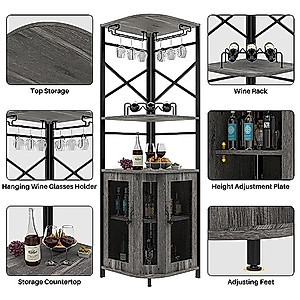 Osfvolr Bar Cabinet w/Wine Rack and Glass Holder, Corner Cabinet with Mesh Door, Corner Bar Cabinet with Adjustable Shelf, Liquor Cabinet Bar for Home, Black Oak, A2
