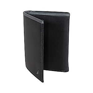 Nautica Men's Pop Color Trifold Leather Wallet with 6 slots, RFID Protection, Black/Grey