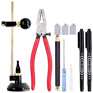Hilitchi 3 PCS Heavy Duty Glass Cutting Tools Set Premium Glass Running Breaking Pliers, Glass Cutter and Adjustable Circular Glass Tool with Round Knob Handle and Suction Cup for Glass, Breaking