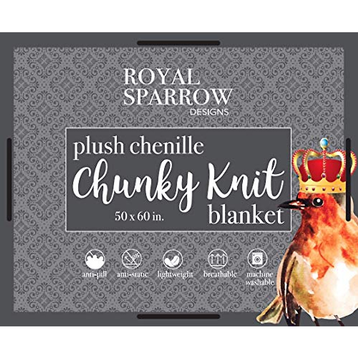 Royal Sparrow Designs Chunky Knit Blanket Throw Chenille-Hand Knitted Soft Plush Yarn, Beautiful Home Decor for Bed, Sofa, Chair, Machine Washable Cozy Bedding (Comfy Grey)