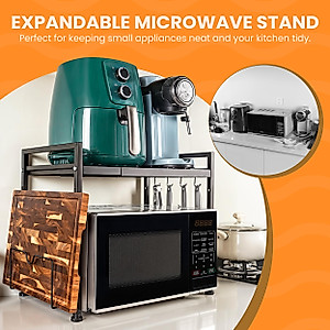 KEYPT Extendable Microwave Oven Rack - Adjustable Kitchen Counter Shelf, 2 Tier Microwave Stand with 6 Hooks for Kitchen Countertop Organizer (Black) Microwave Shelf with Cutting Board Attachment