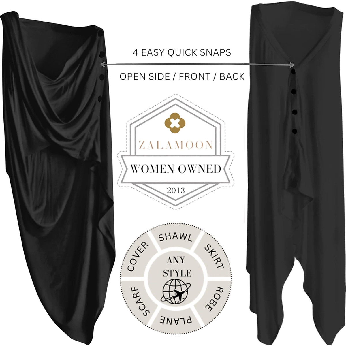 Zalamoon Luxury Infinity Shawl Infinite Ways to Wear Wrap Poncho Cape Scarf (Black)